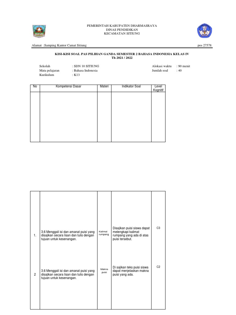 Kisi - Kisi Soal Ujian B.indo Kelas 4 Semester II | PDF