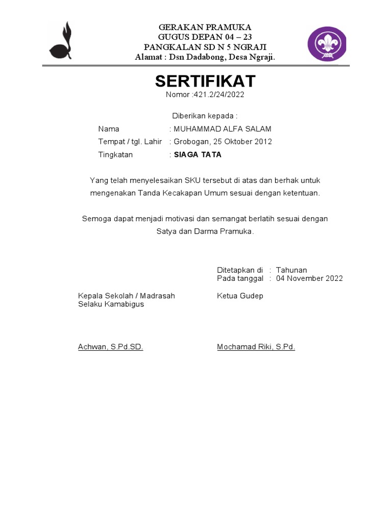 Sertifikat Pelantikan TKU ALFA SALAM | PDF