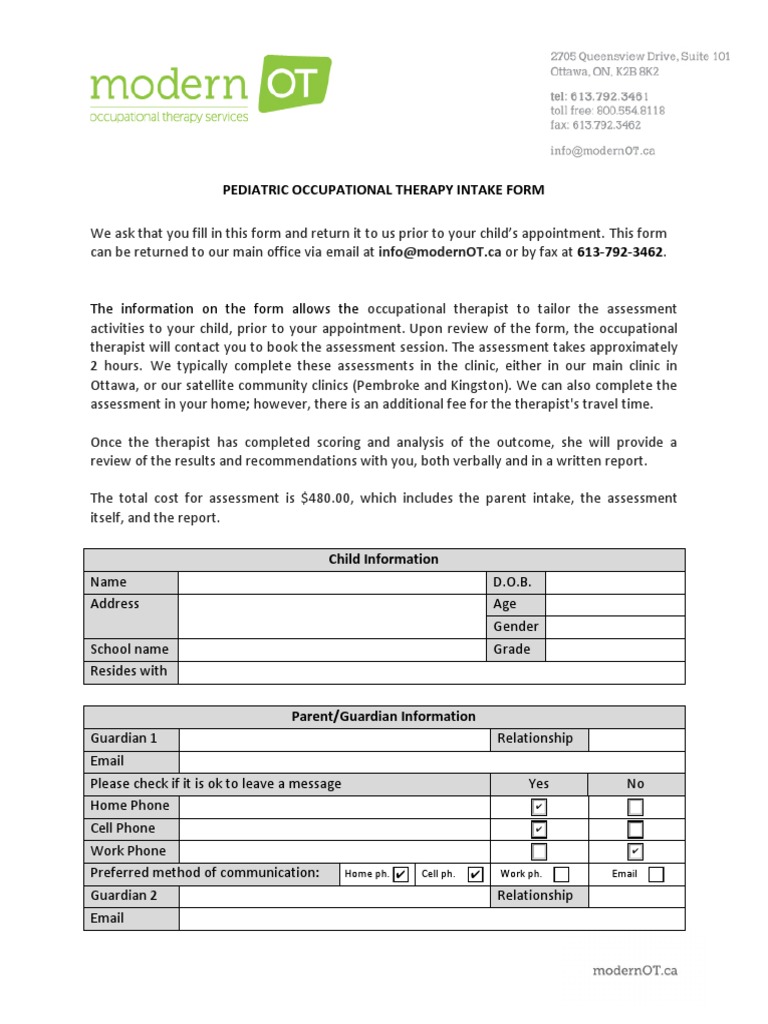 Paediatric Intake Form Modern OT 2018 | PDF | Childbirth | Diseases And ...
