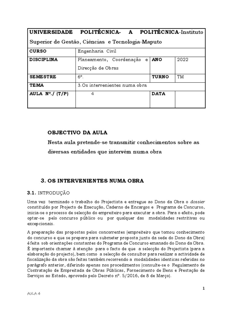 AULA 4-Os Intervenientes Numa Obra | PDF