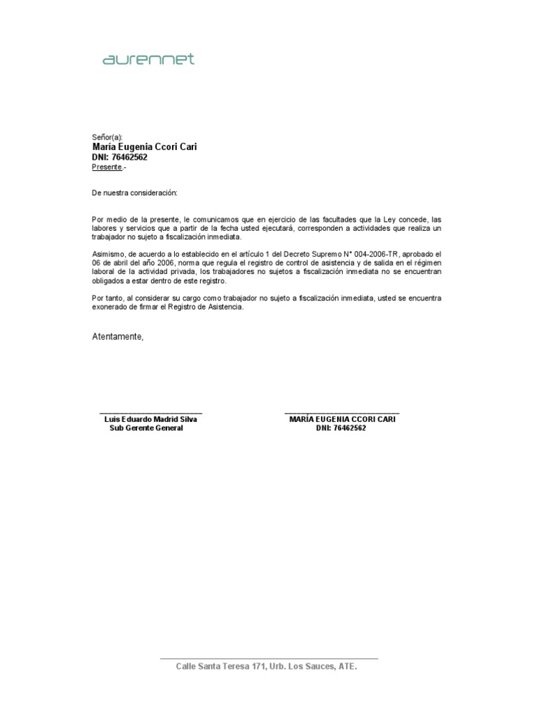 Carta de No Sujeto a Fiscalización Auren | PDF