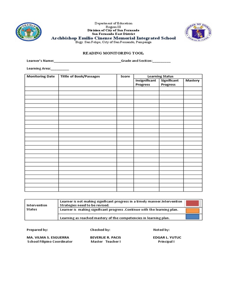 Reading Monitoring Tool Records Student Progress Pdf Learning