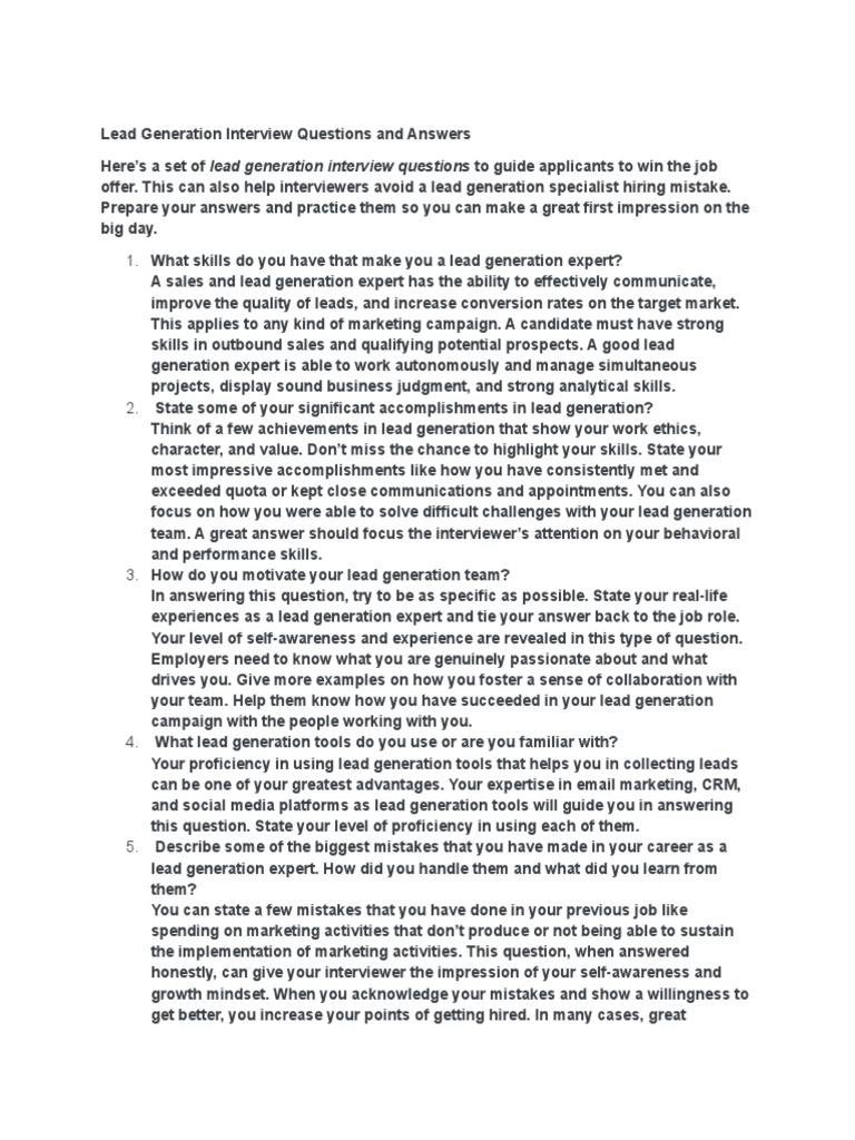 Lead Generation Interview Questions and Answers | PDF | Expert | Sales