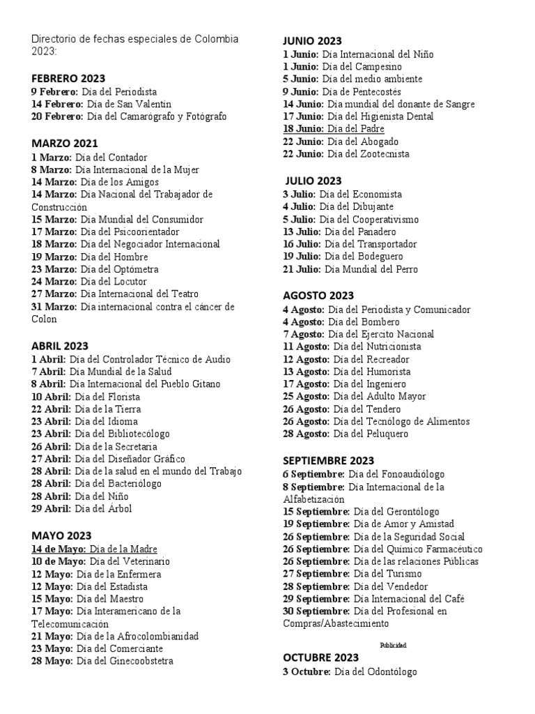 Fechas Especiales en Colombia 2023 | PDF | Viajes y turismo