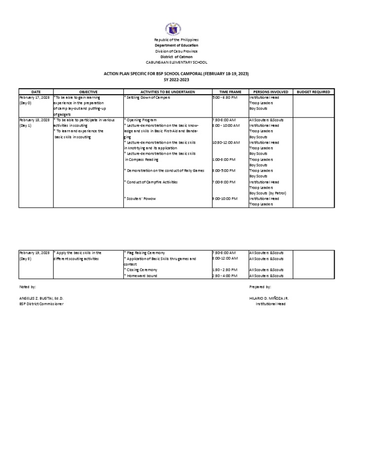Sample Action Plan in BSP School Camporal | PDF | Girl Guiding And Girl ...