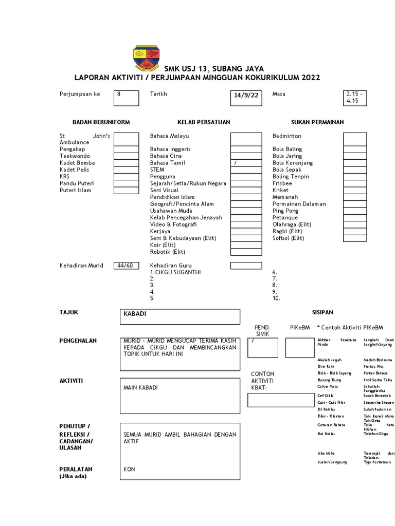 Laporan Aktiviti Kokurikulum | PDF