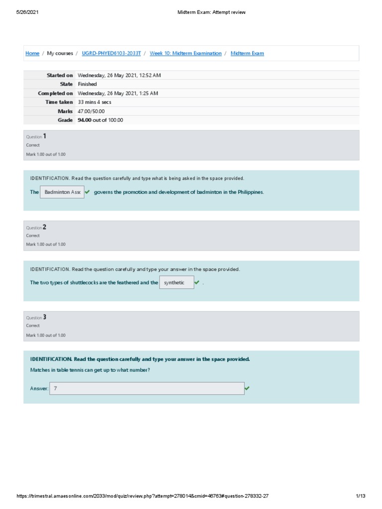 IndividualDual Sports Midterm Exam - Attempt Review | PDF | Table Tennis | Ball Games