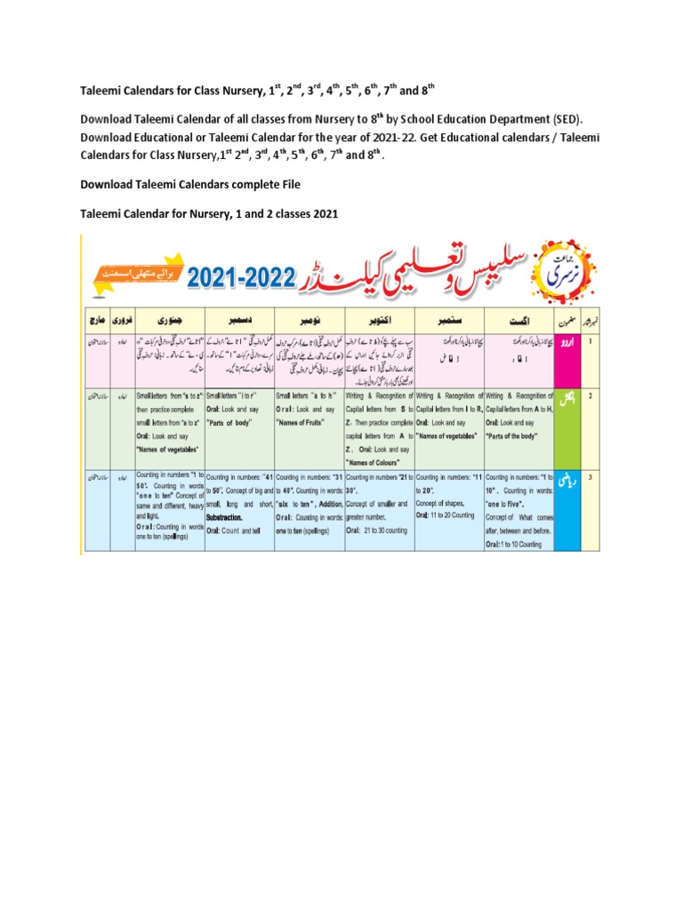Taleemi Calendars For Class Nursery 1st 2nd 3rd 4th 5th 6th 7th and 8th | PDF