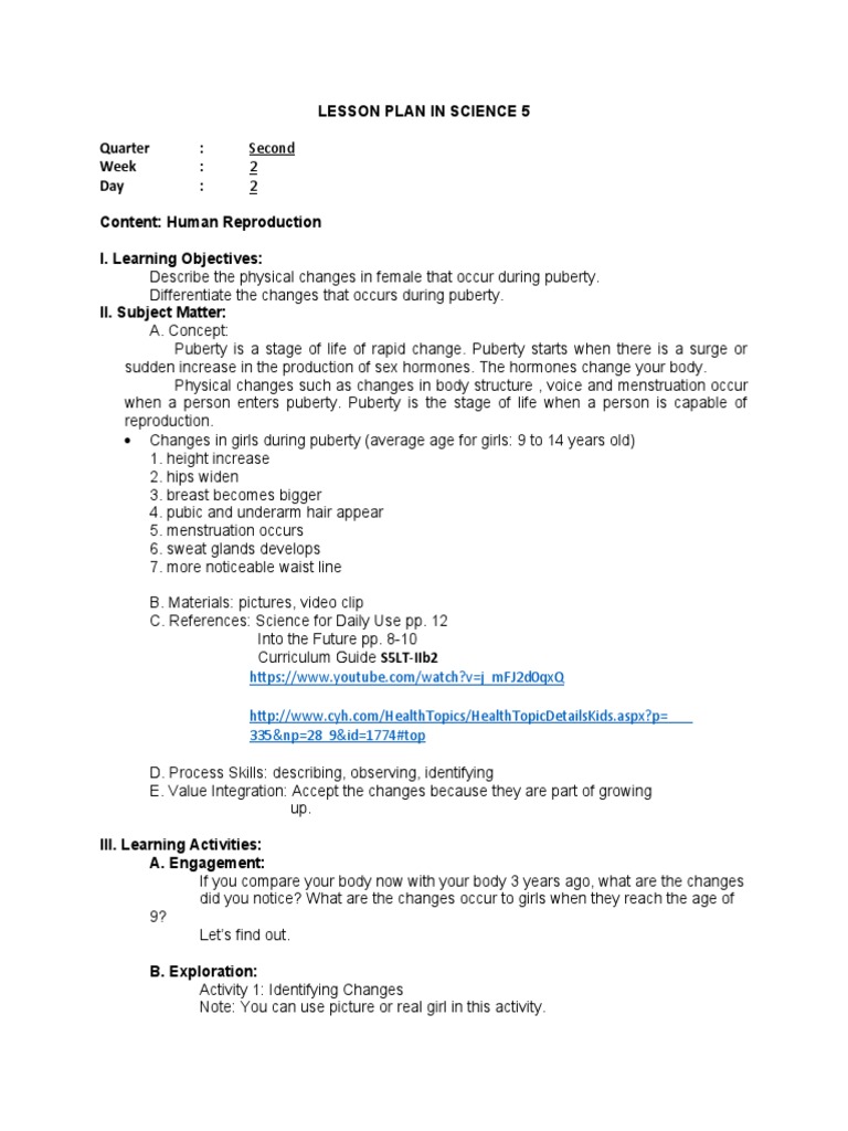 Lesson Plan in Science 5 | PDF | Puberty | Sex