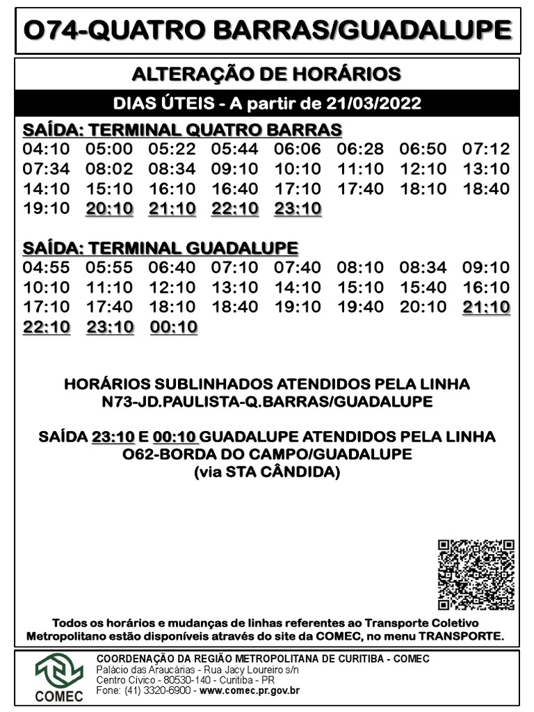 O74 - Quatro Barras-Guadalupe Horarios D.U 21.03.22 | PDF