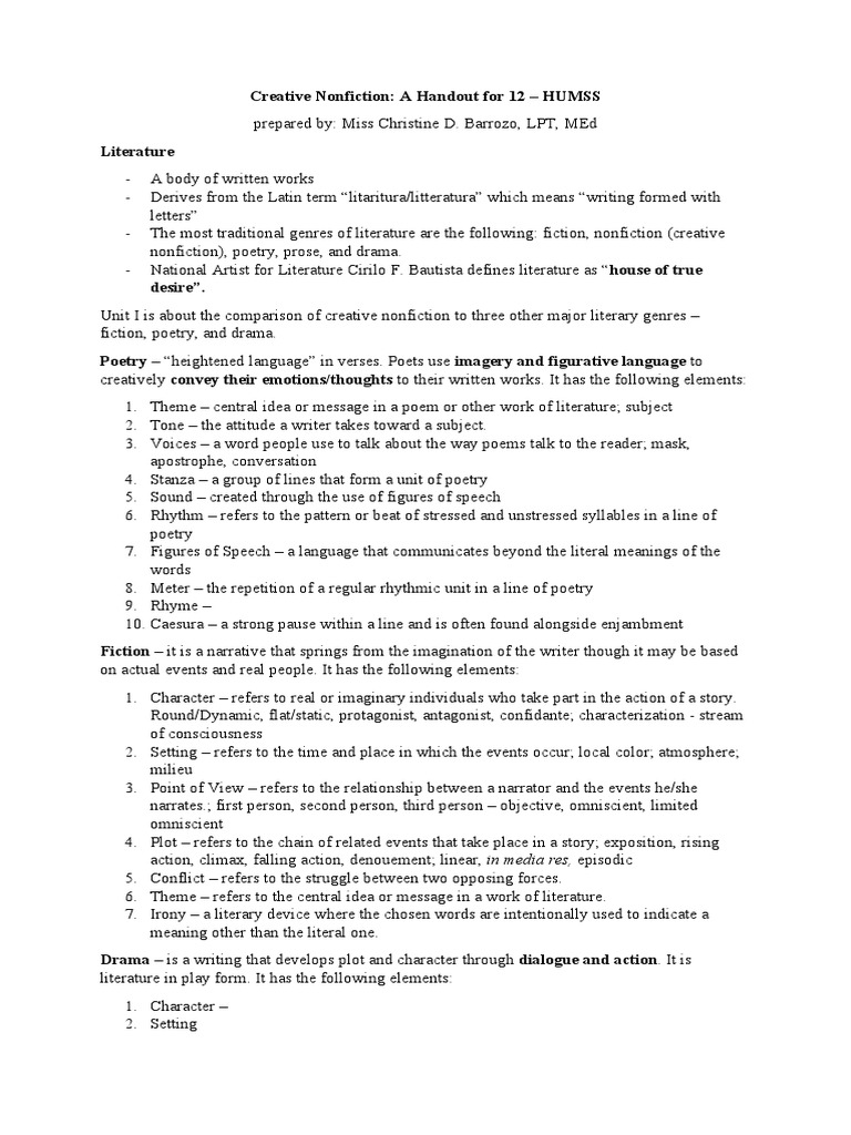 Creative Nonfiction Handout 1 HUMSS 12 | PDF | Poetry | Narration
