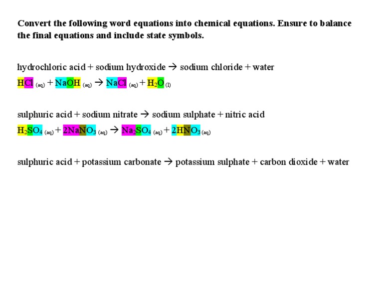 Convert The Following Word Equations Into Chemical Equations | PDF