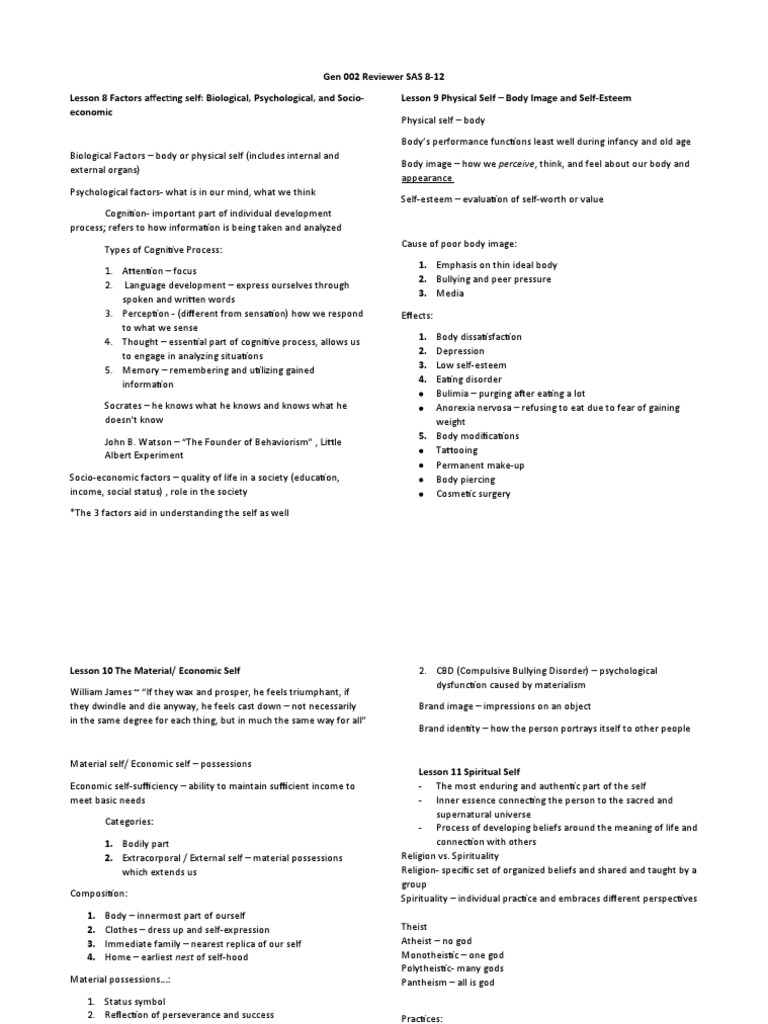 Gen 002 Reviewer SAS 8 | PDF | Body Image | Self Esteem