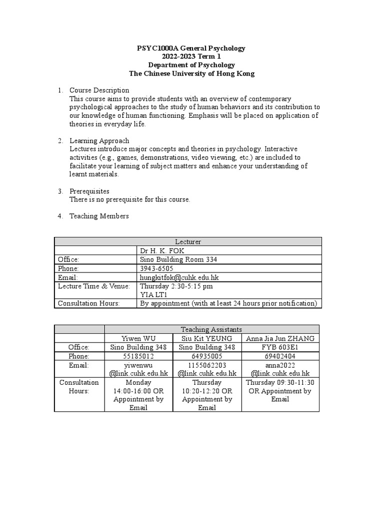 PSYC1000A General Psychology Course Outline | PDF | Psychology | Learning