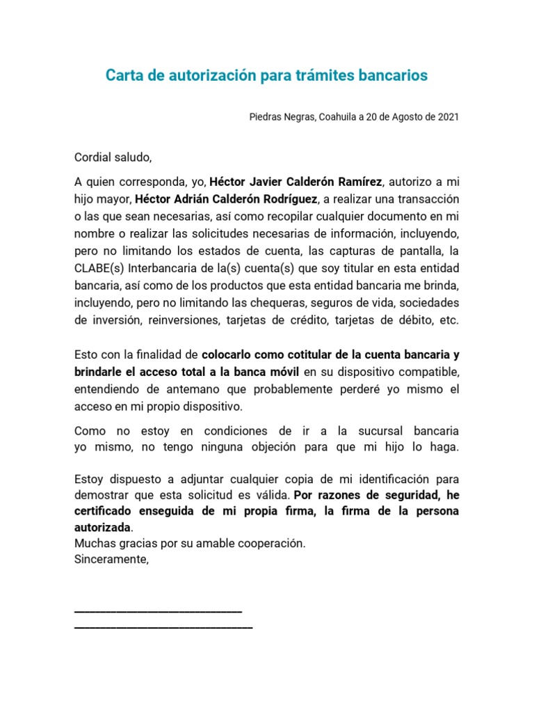 Carta de autorización para trámites bancarios | PDF | Ciencias sociales