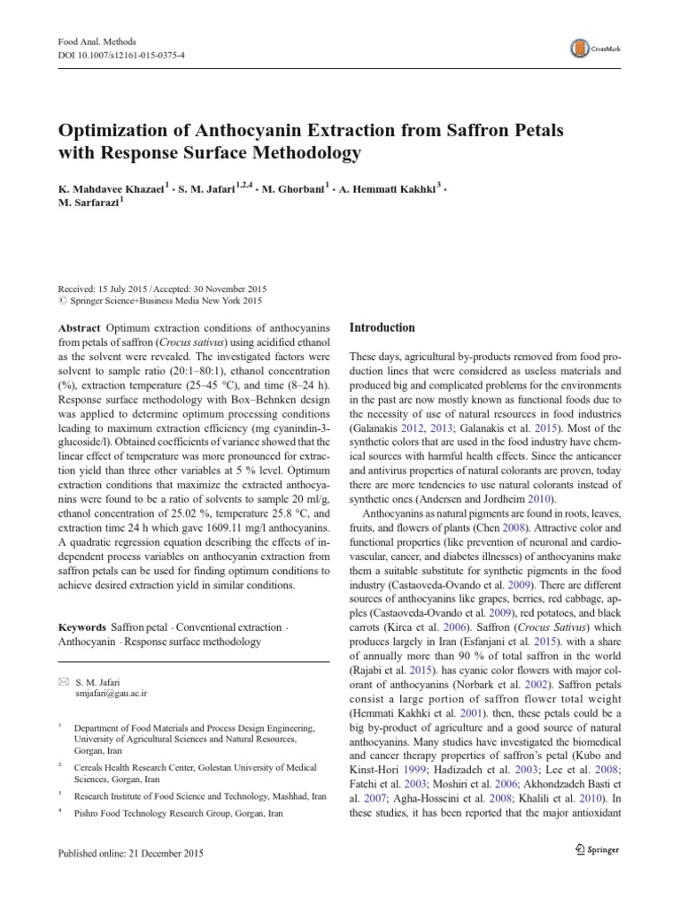 Optimization of Anthocyanin Extraction from Saffron Petals Using Response Surface Methodology ...