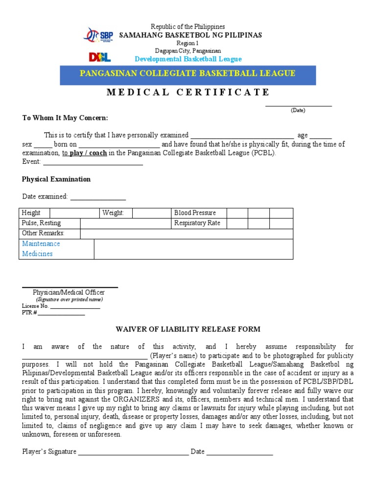Medical Certificate and Waiver for PCBL | PDF | Clinical Medicine ...