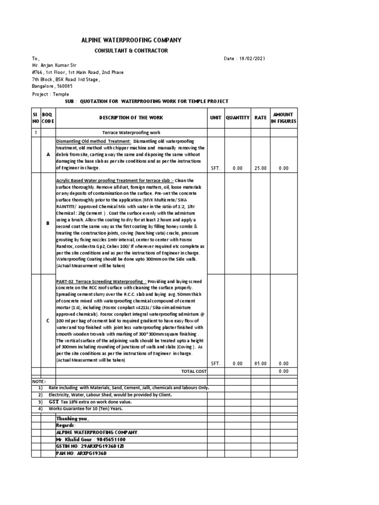 Temple Waterproofing Quote | PDF | Concrete | Industrial Processes