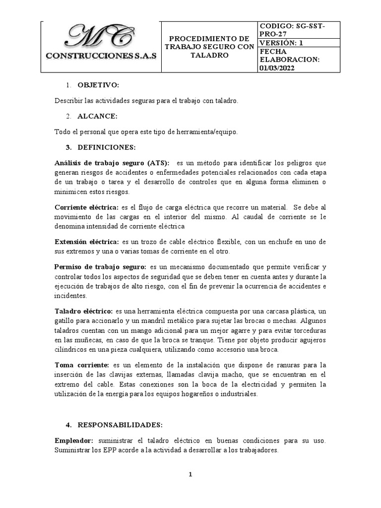 Sg-Sst-Pro-27-Procedimiento Trabajo Seguro Taladro | PDF | Perforar ...