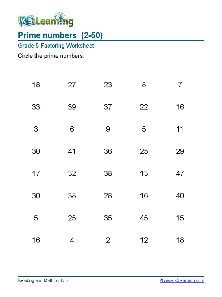Grade 5 Prime Numbers Worksheet | PDF