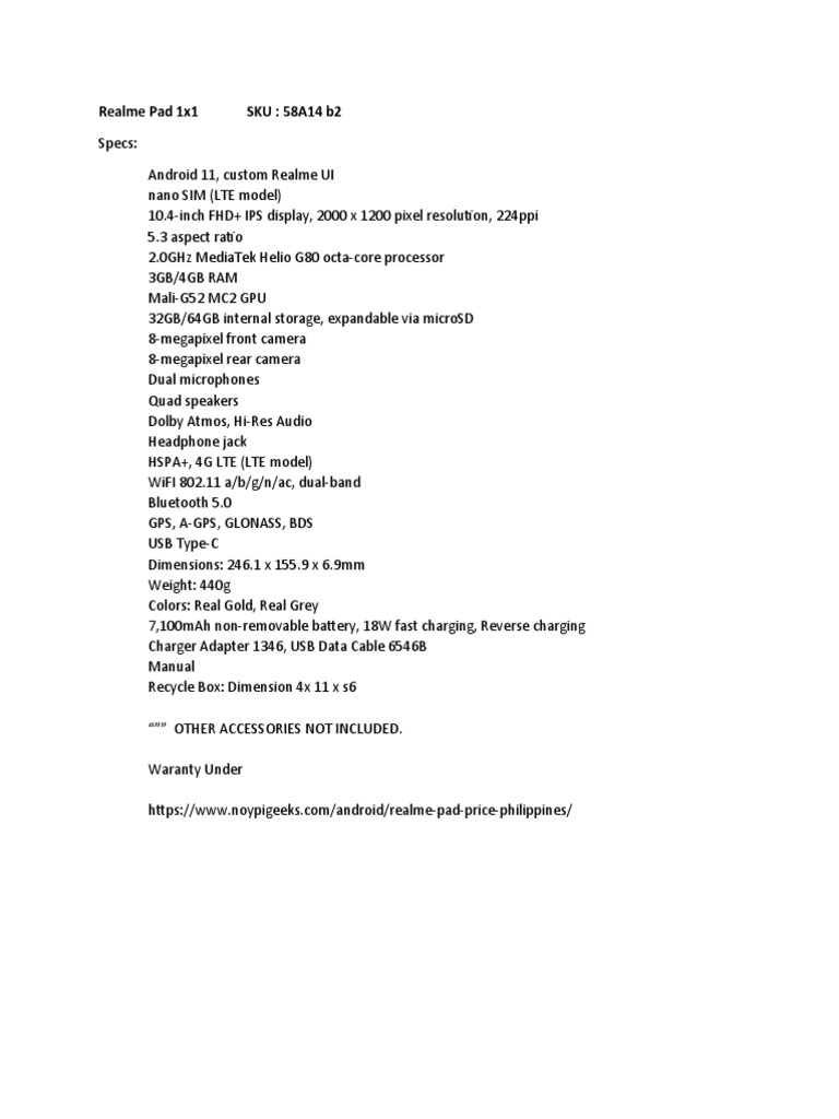 Realme Pad 1x1 SKU | PDF