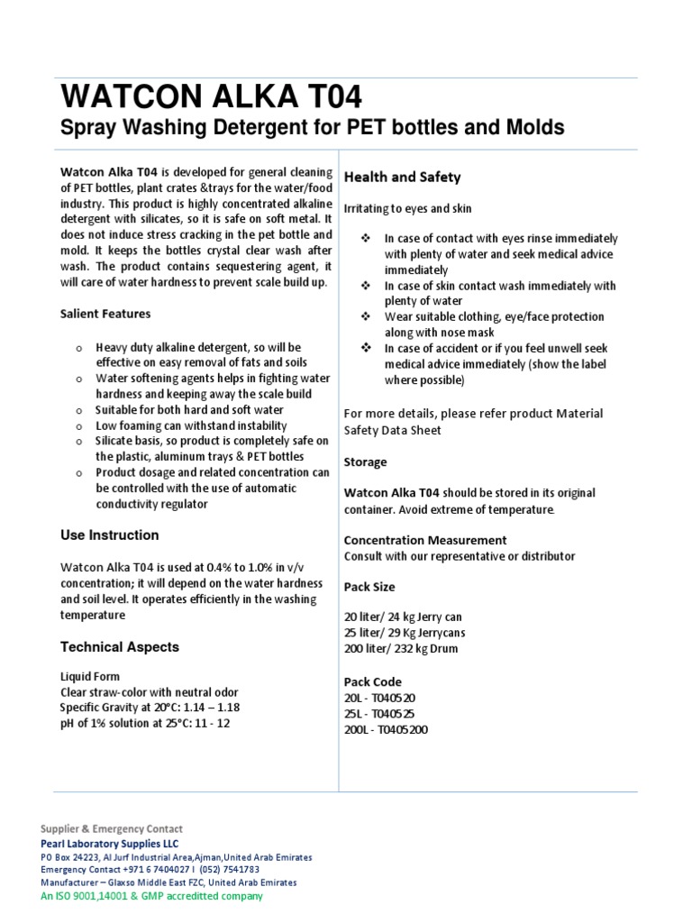 Spray Washing Detergent for PET Bottles and Molds: Watcon Alka T04 ...