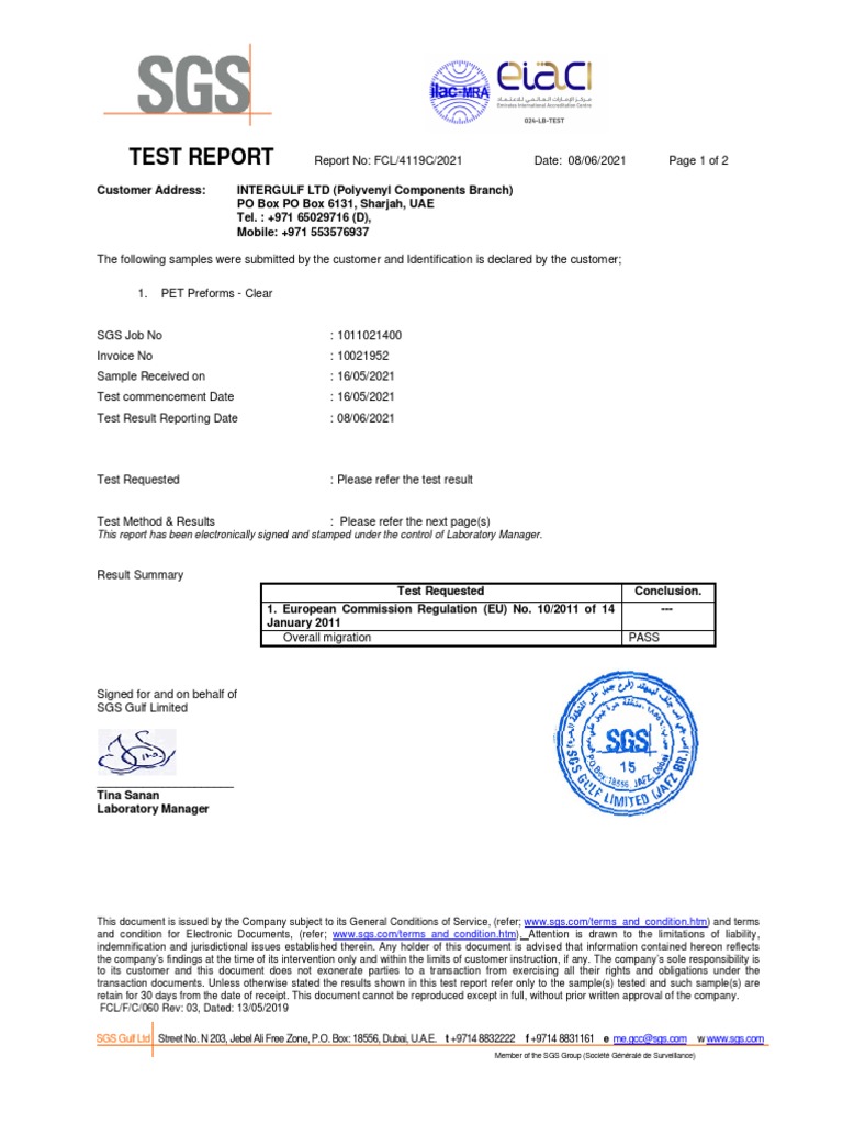 PET Preform Test Report | PDF