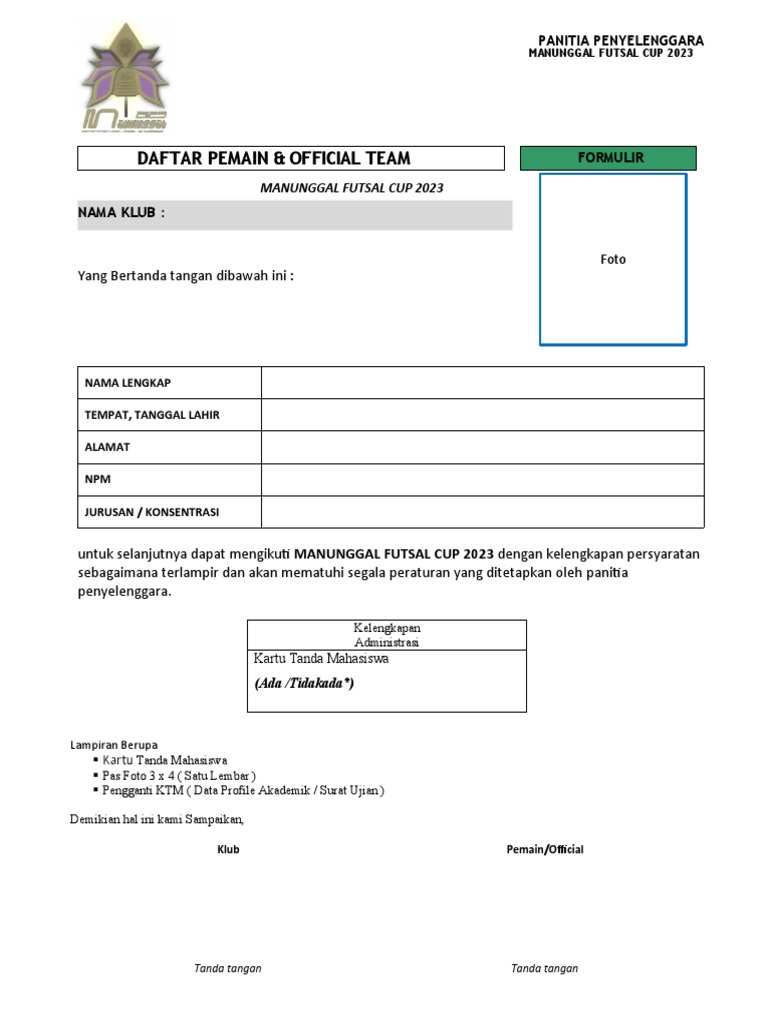 Formulir Pendaftaran Manunggal Futsal Cup 2023 | PDF