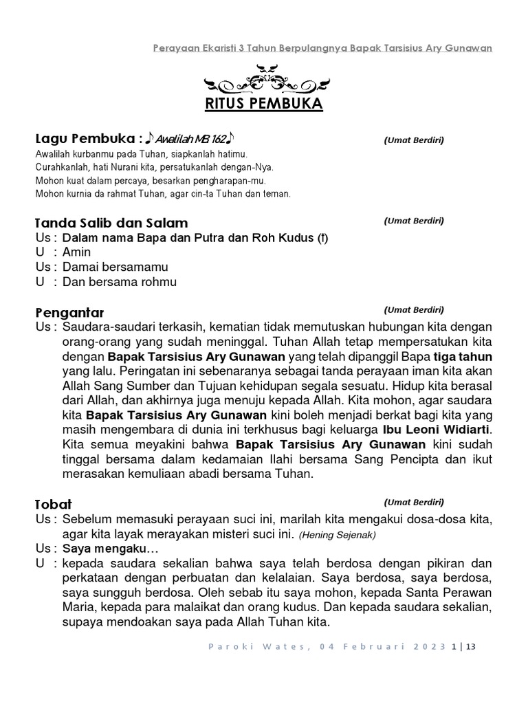 Teks Misa 3 Tahun Bapak Tarsisius Ary Gunawan | PDF