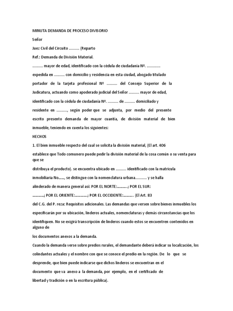 Minuta Demanda de Proceso Divisorio | PDF | Demanda judicial | Derecho Civil (Common Law)