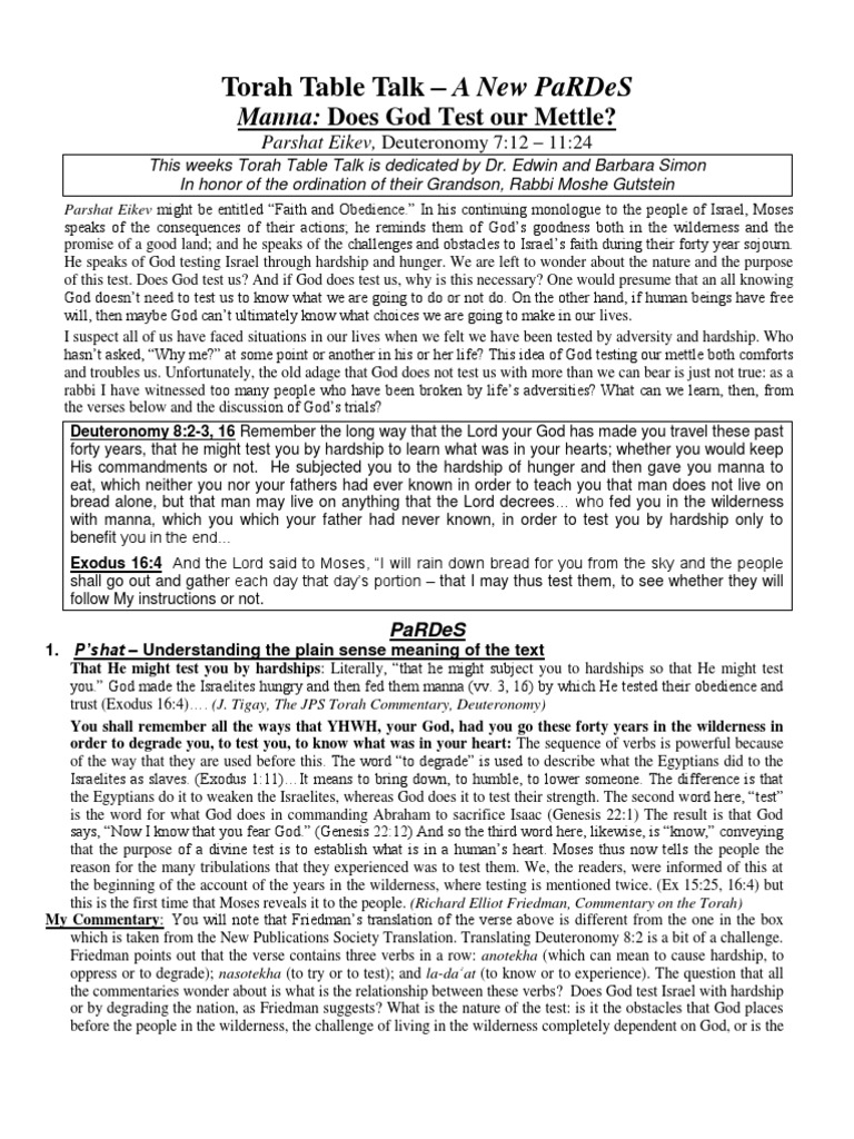 Torah Table Talk - A New Pardes: Manna: Does God Test Our Mettle? | PDF ...