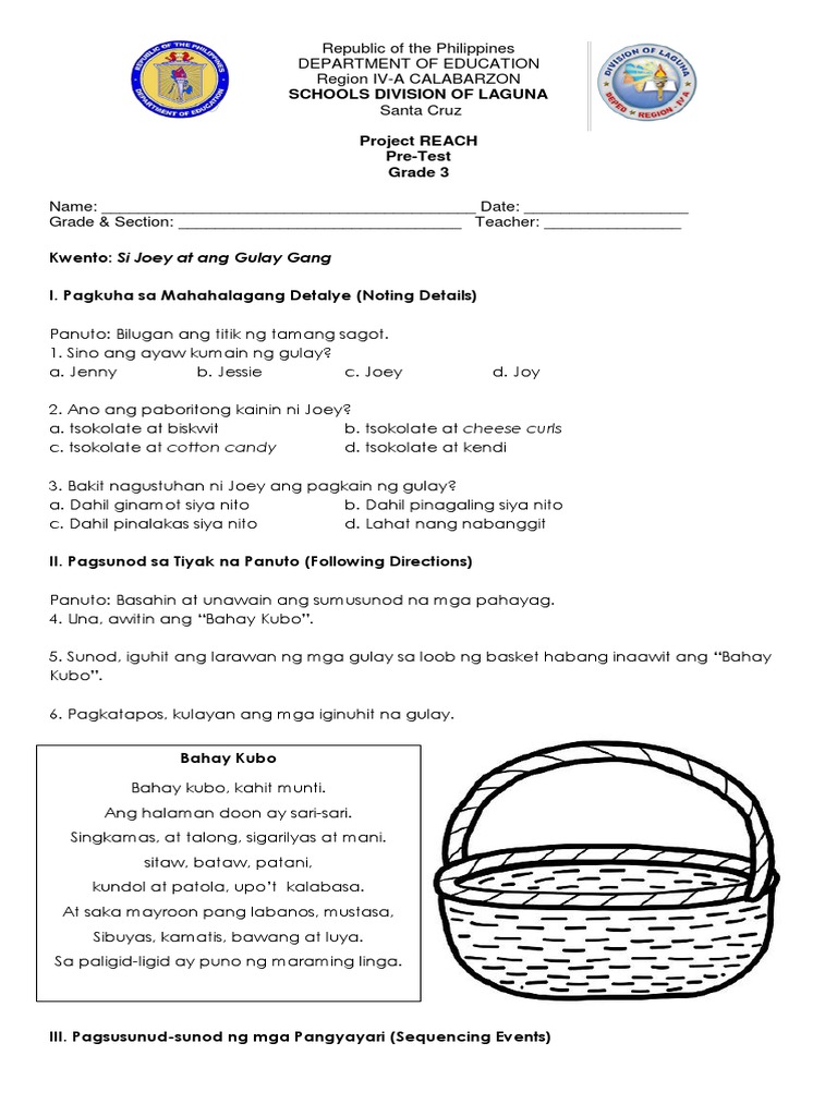 PROJECT REACH PreTest Grade 3 | PDF