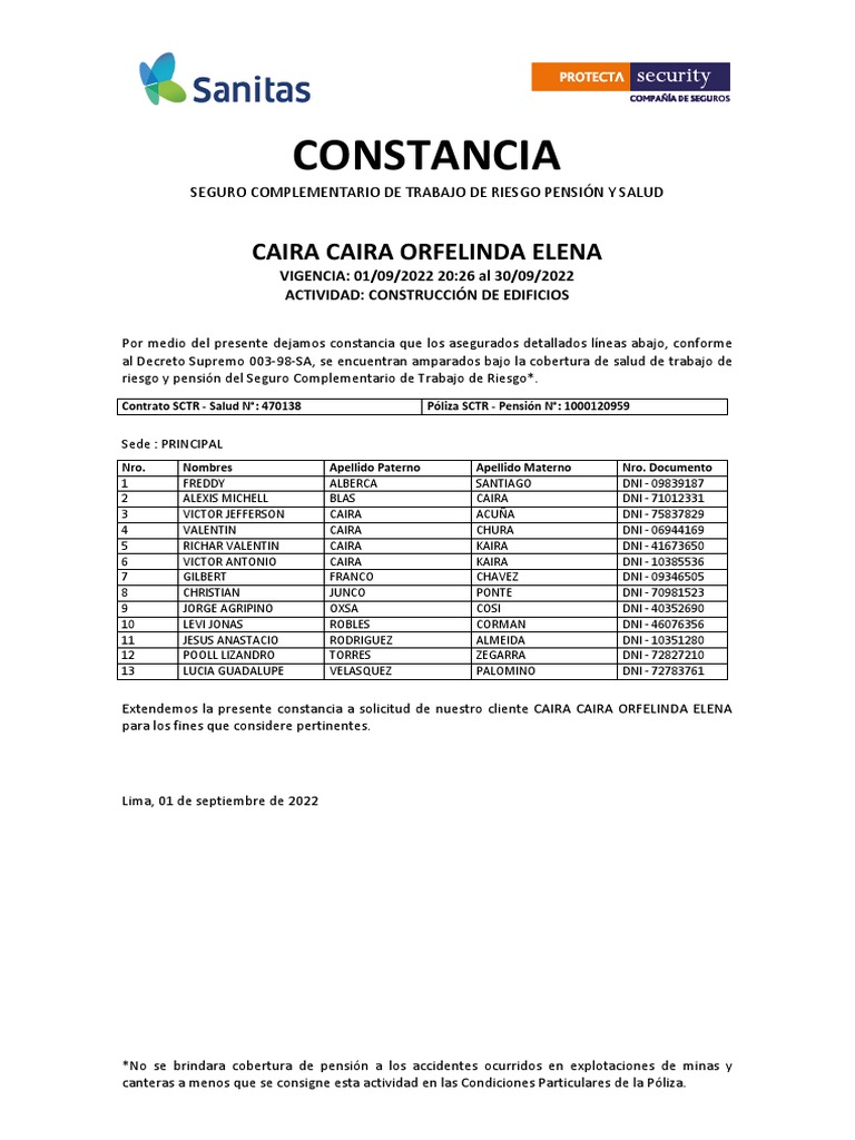 Constancia SCTR - Set 22 | PDF