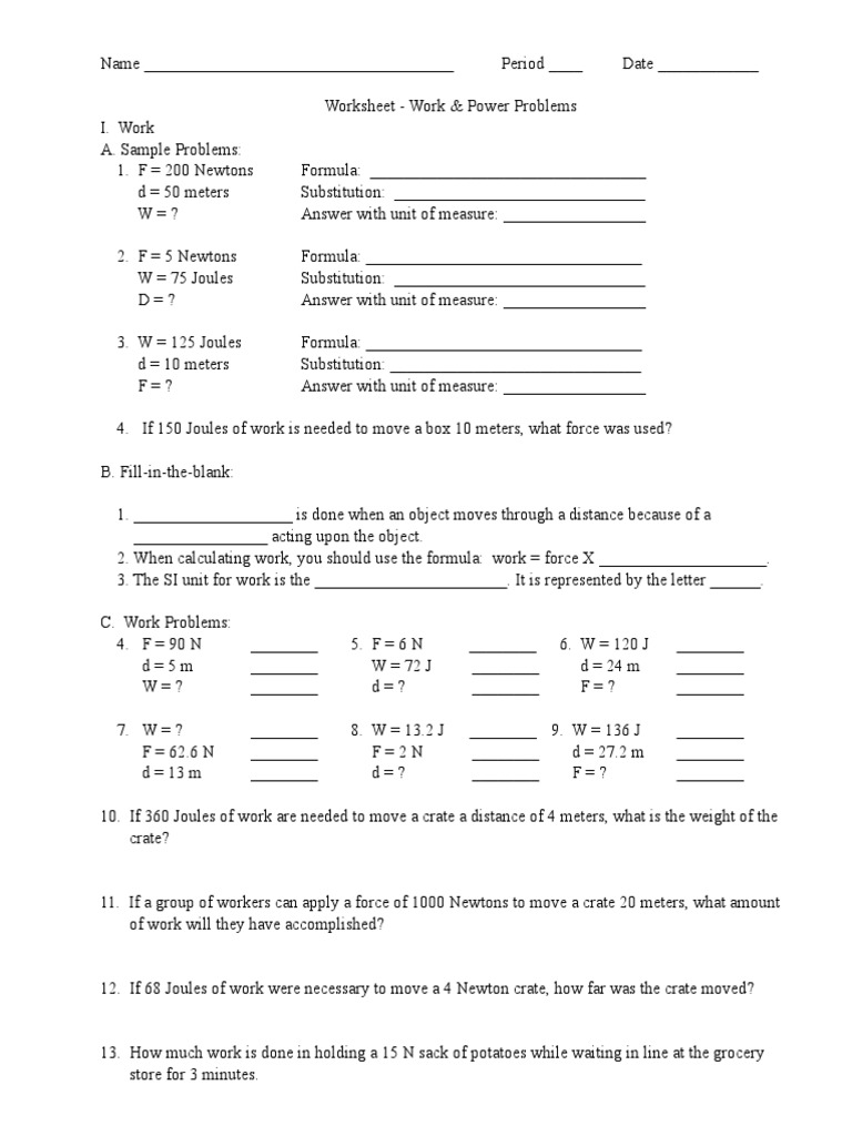 Work and Power Worksheet | Download Free PDF | Force | Quantity