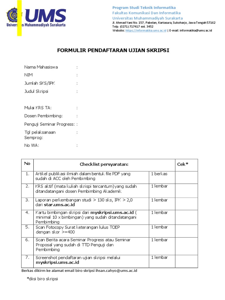 Formulir Pendaftaran Ujian Skripsi 2022 | PDF