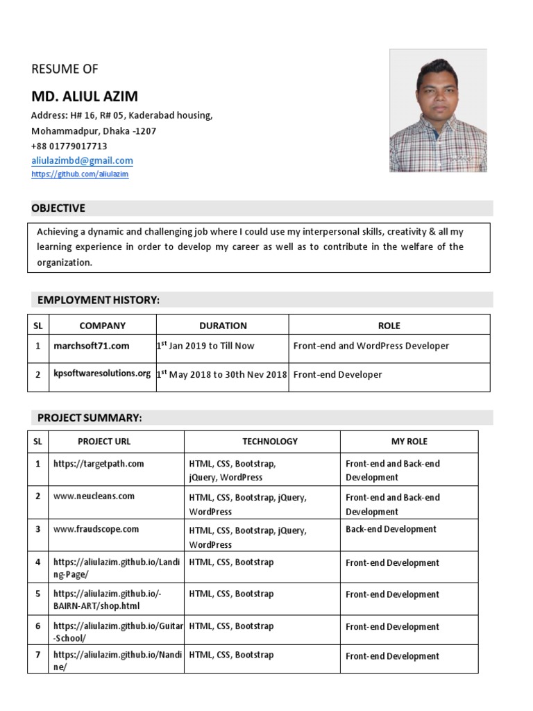 Resume of Aliul Azim | Download Free PDF | Bootstrap (Front End ...