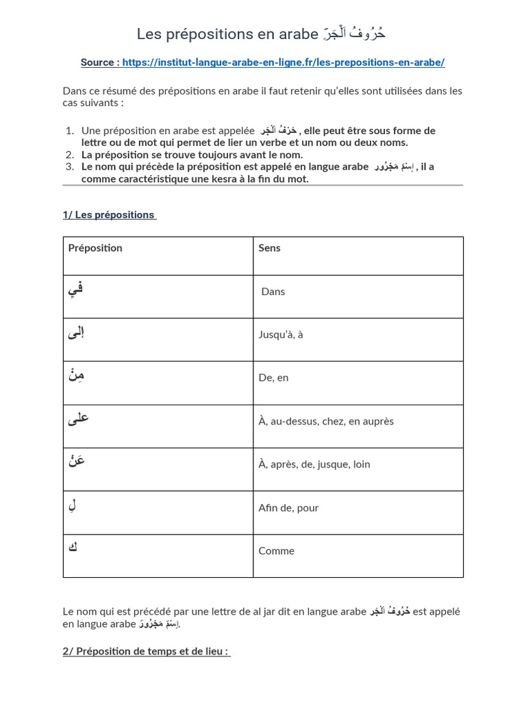 Les prépositions en arabe : guide essentiel | PDF | Adposition ...