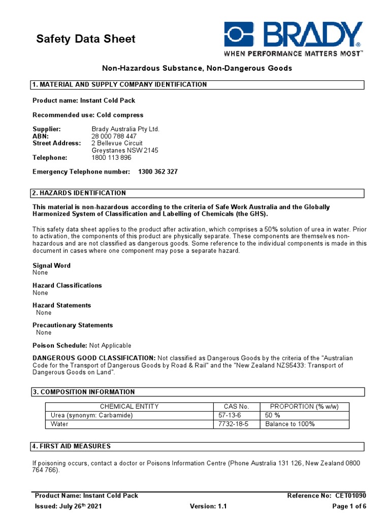 Trafalgar Instant Ice Pack SDS | Download Free PDF | Dangerous Goods ...