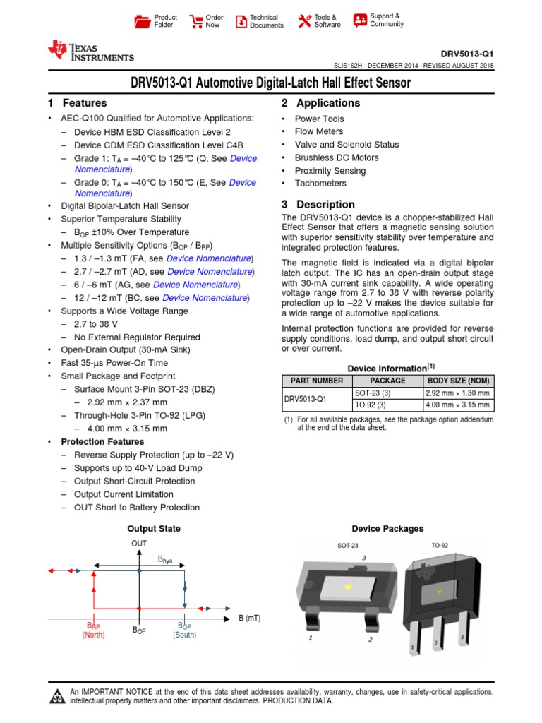 DRV5013-Q1 Automotive Digital-Latch Hall Effect Sensor | PDF ...