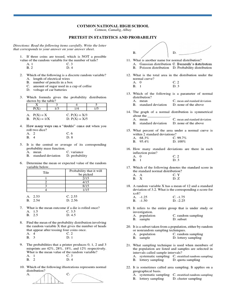 Pretest on Statistics and Probability | PDF | Sampling (Statistics ...