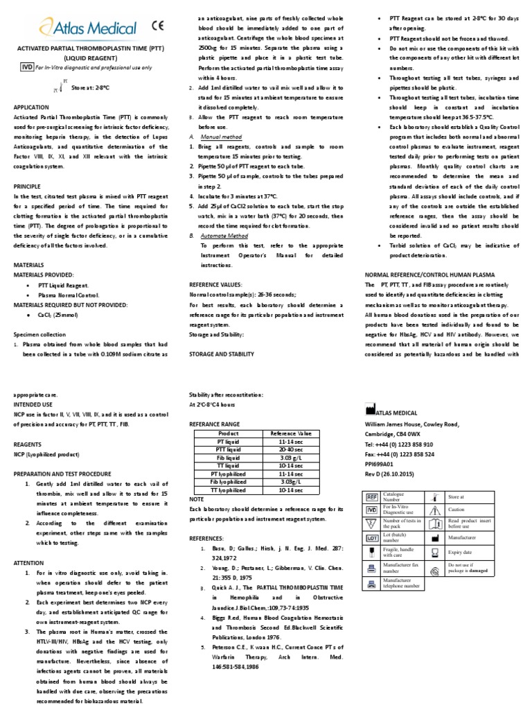APTT (PTT) Kit With Normal Control Package Insert | PDF | Blood Plasma ...