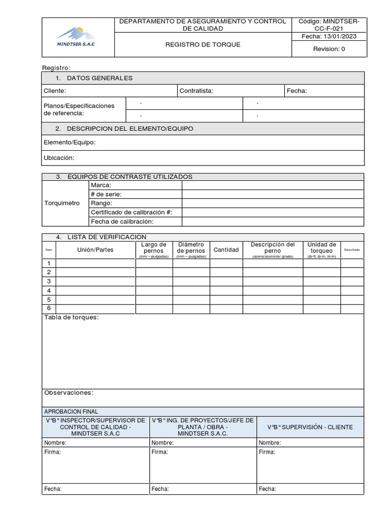 021 MINDTSER-CC-F-021 Registro de Torque | PDF