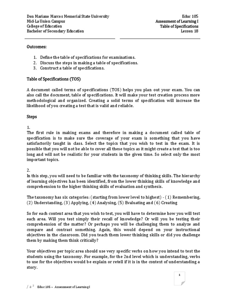 Creating Effective Tables of Specifications | PDF | Educational ...