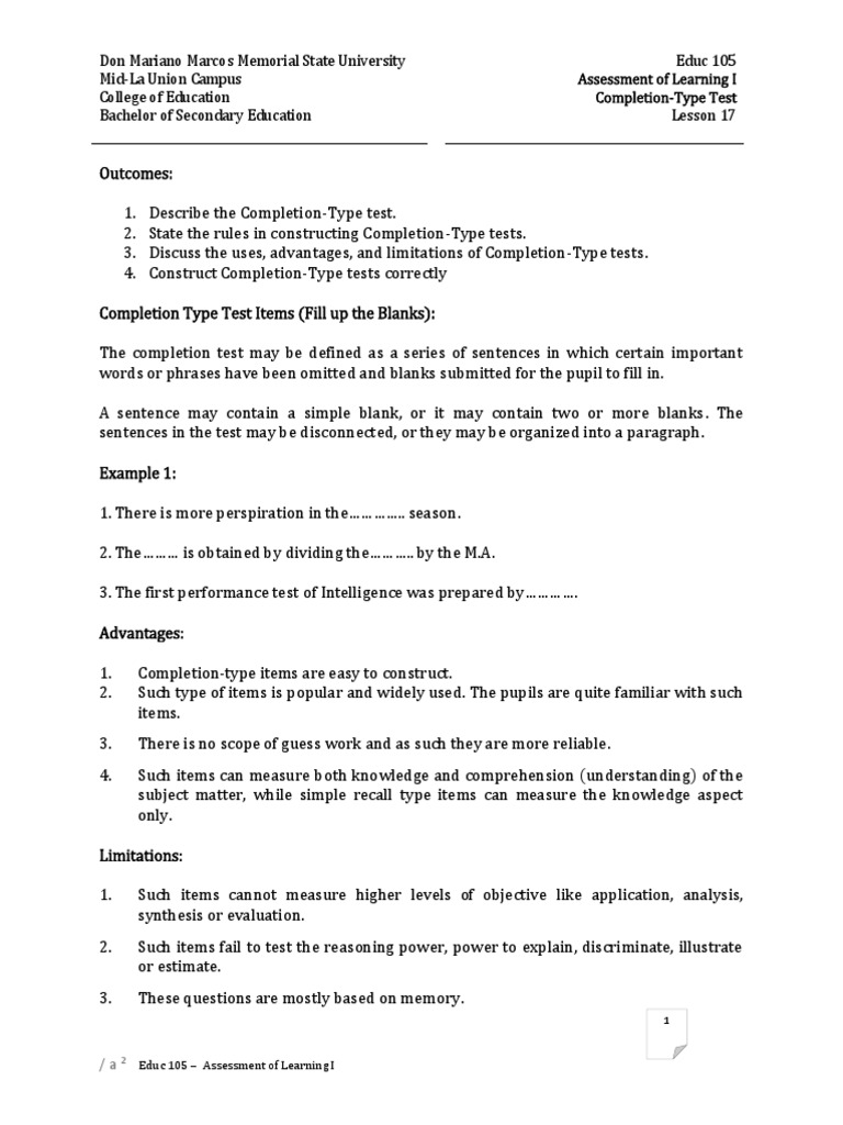Lesson 17-Completion-Type Test | PDF | Educational Assessment | Cognition