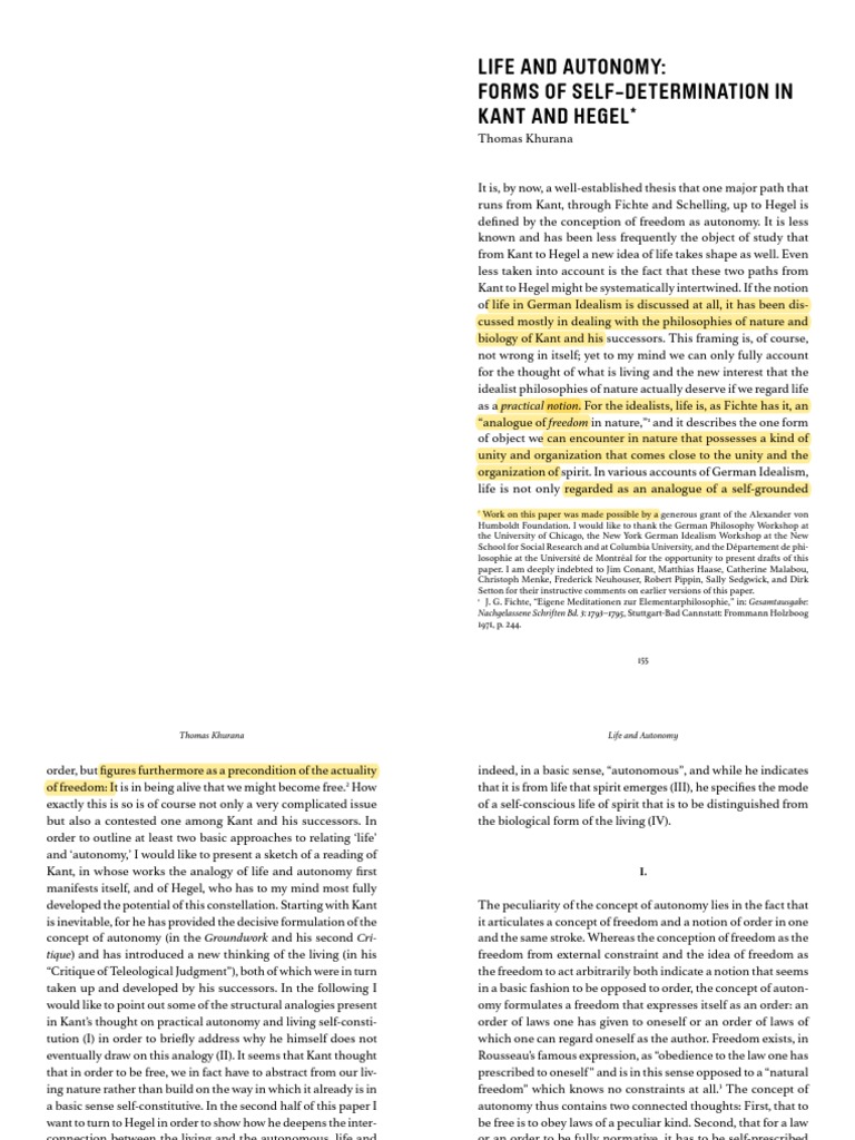 Autonomy and Life in Kant and Hegel | PDF | German Idealism | Immanuel Kant