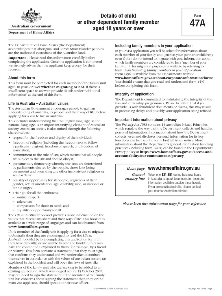 Form Child Visa 47a | PDF | Social Equality | Travel Visa