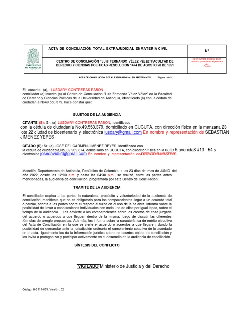 Acta Conciliacion Yair Jimenez | PDF