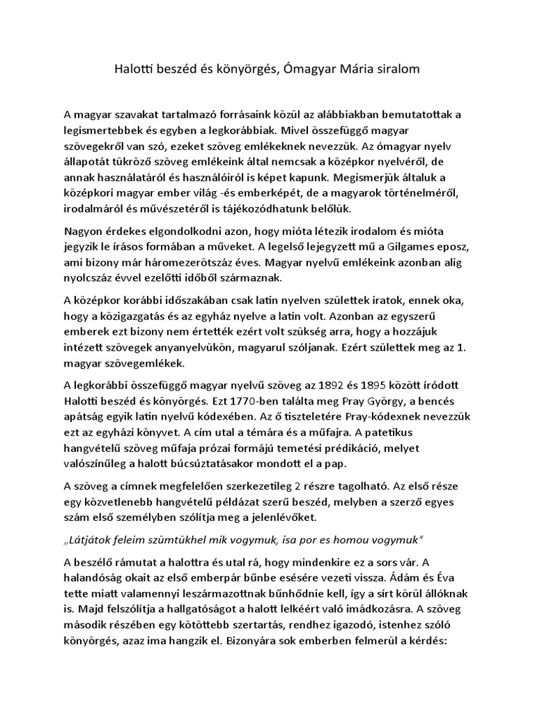 Halotti Beszéd És Könyörgés Összehasonlítás | PDF