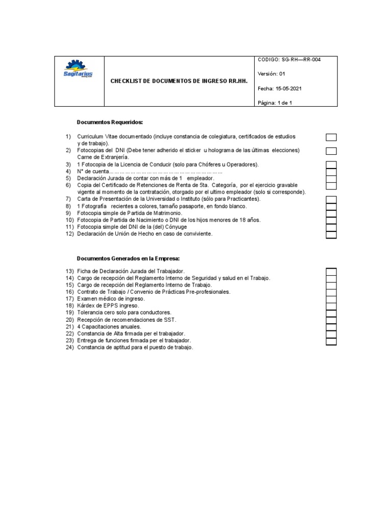 Checklist de Documentos de Ingreso RRHH SG-RH-RR-004 | PDF