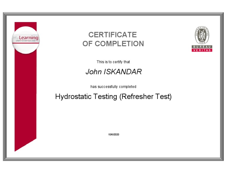 Certificate - Hydrostatic Testing (Refresher Test) Certificate | PDF